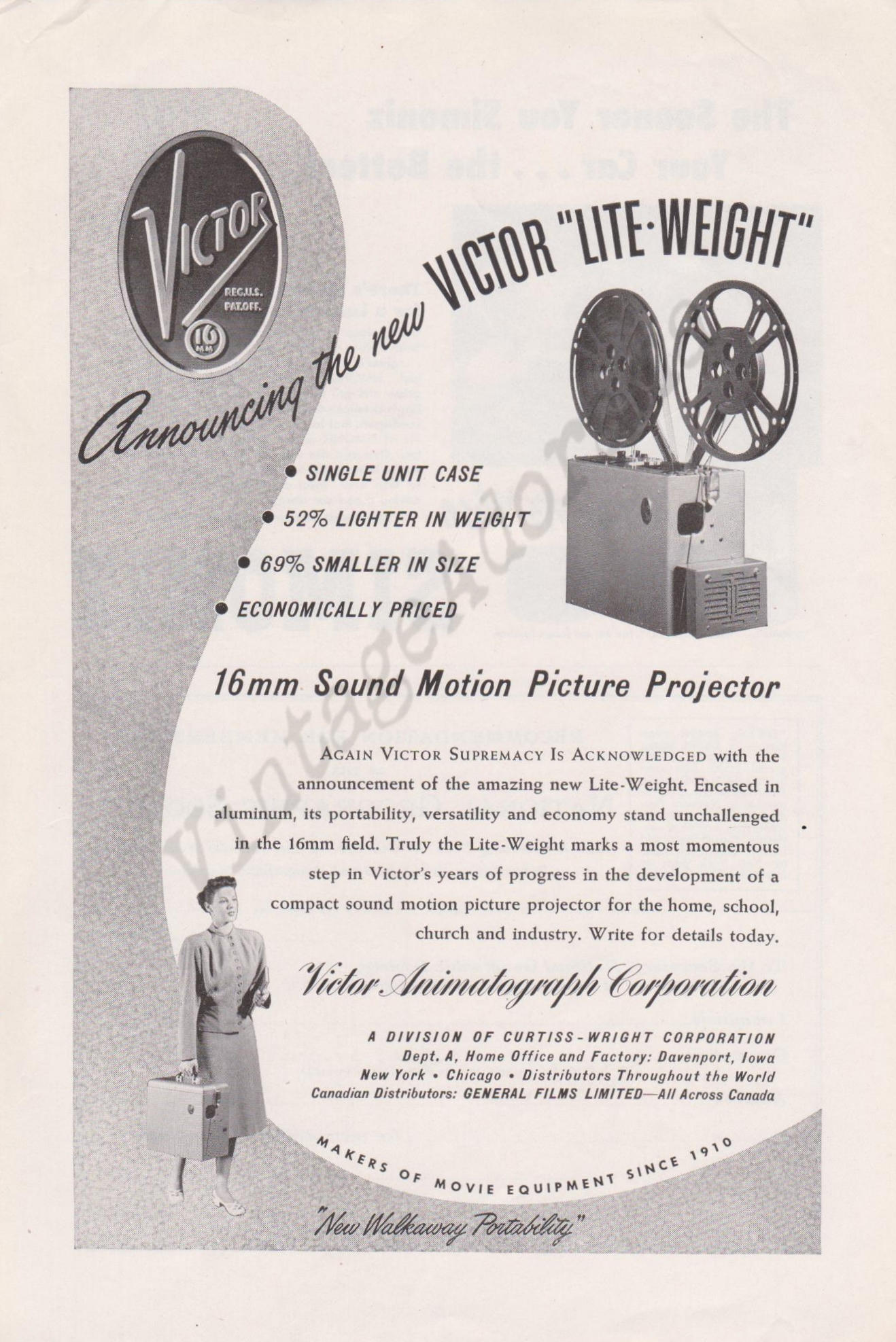Victor Lite-weight 16mm Sound Motion Picture Projector Original 1947 ...