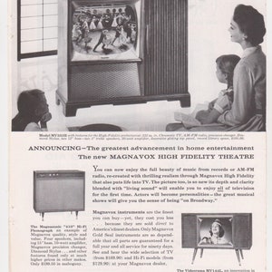 MAGNAVOX High Fidelity Theatre Original 1957 Vintage Advertisement - Television, AM-FM Radio ...