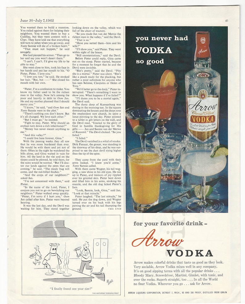 ARROW VODKA Original 1962 Vintage Color Print Advertisement - Etsy