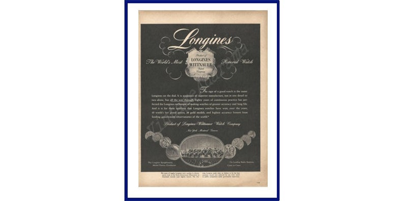 LONGINES WATCHES Original 1947 Vintage Extra Large Black & White Print ...