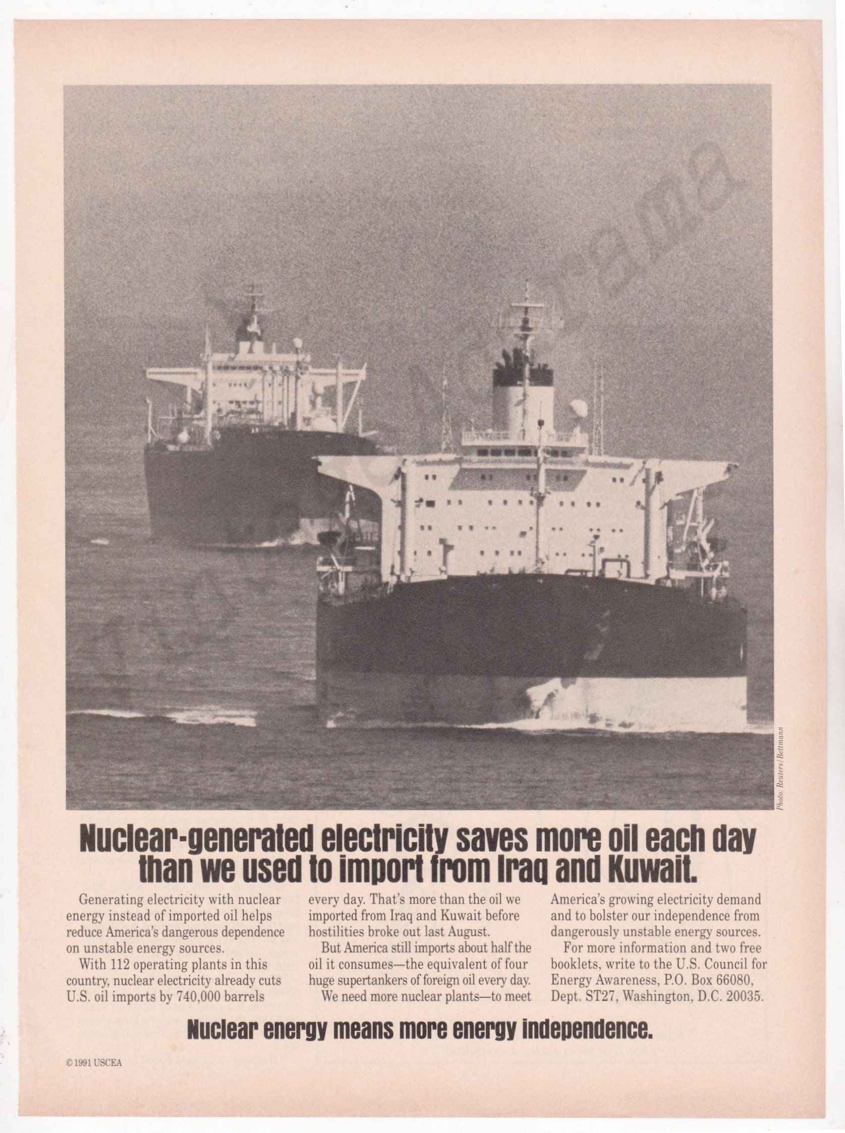NUCLEAR ENERGY Original 1991 Vintage Black & White Print Advertisement ...