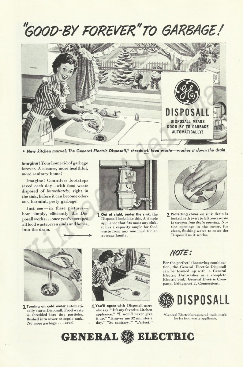 GE GARBAGE DISPOSAL Original 1948 Vintage Black & White Print ...