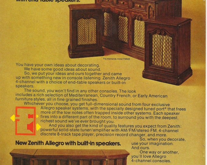 Zenith Allegro Console Stereo Original 1974 Vintage Print Ad Color ...