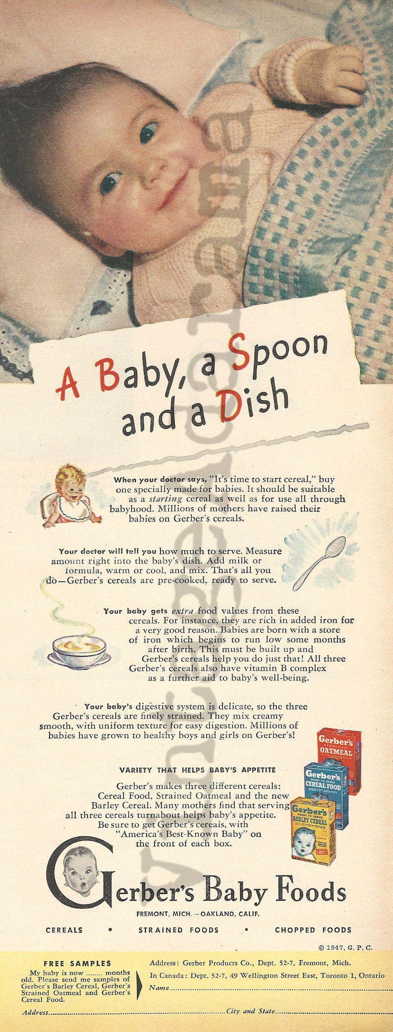 GERBER'S BABY FOODS Original 1947 Vintage Color Print Advertisement "a ...