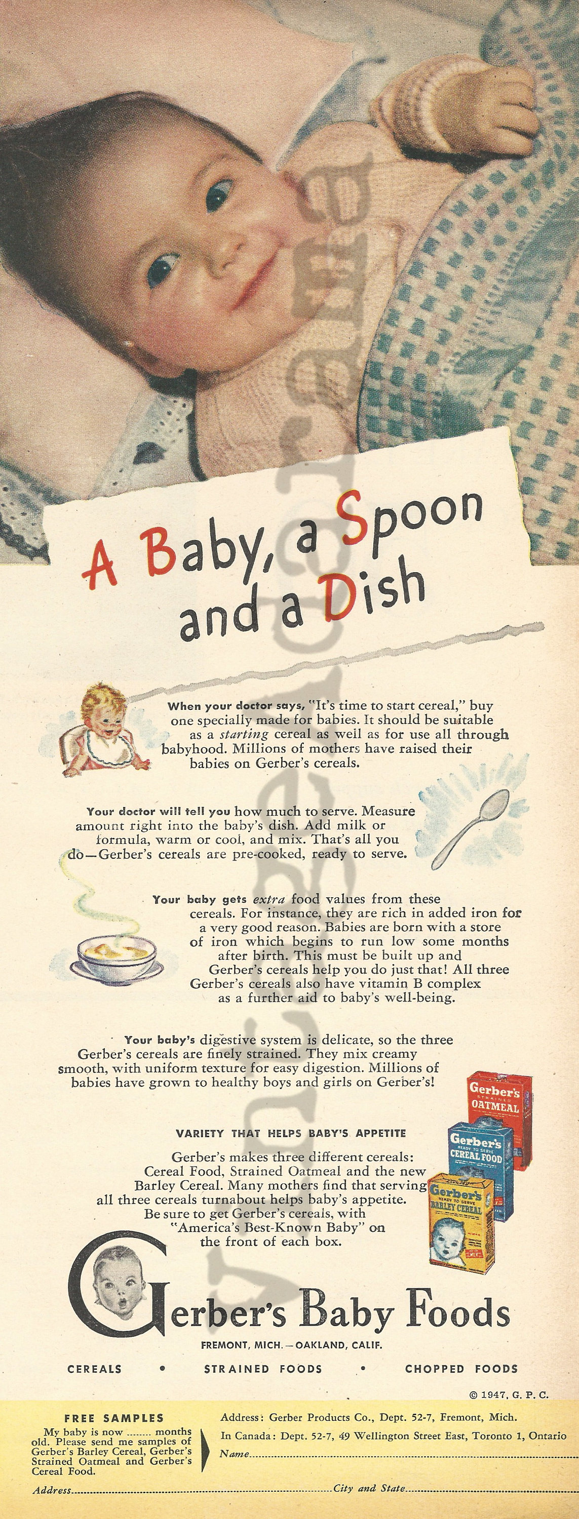 GERBER'S BABY FOODS Original 1947 Vintage Color Print Advertisement "a ...