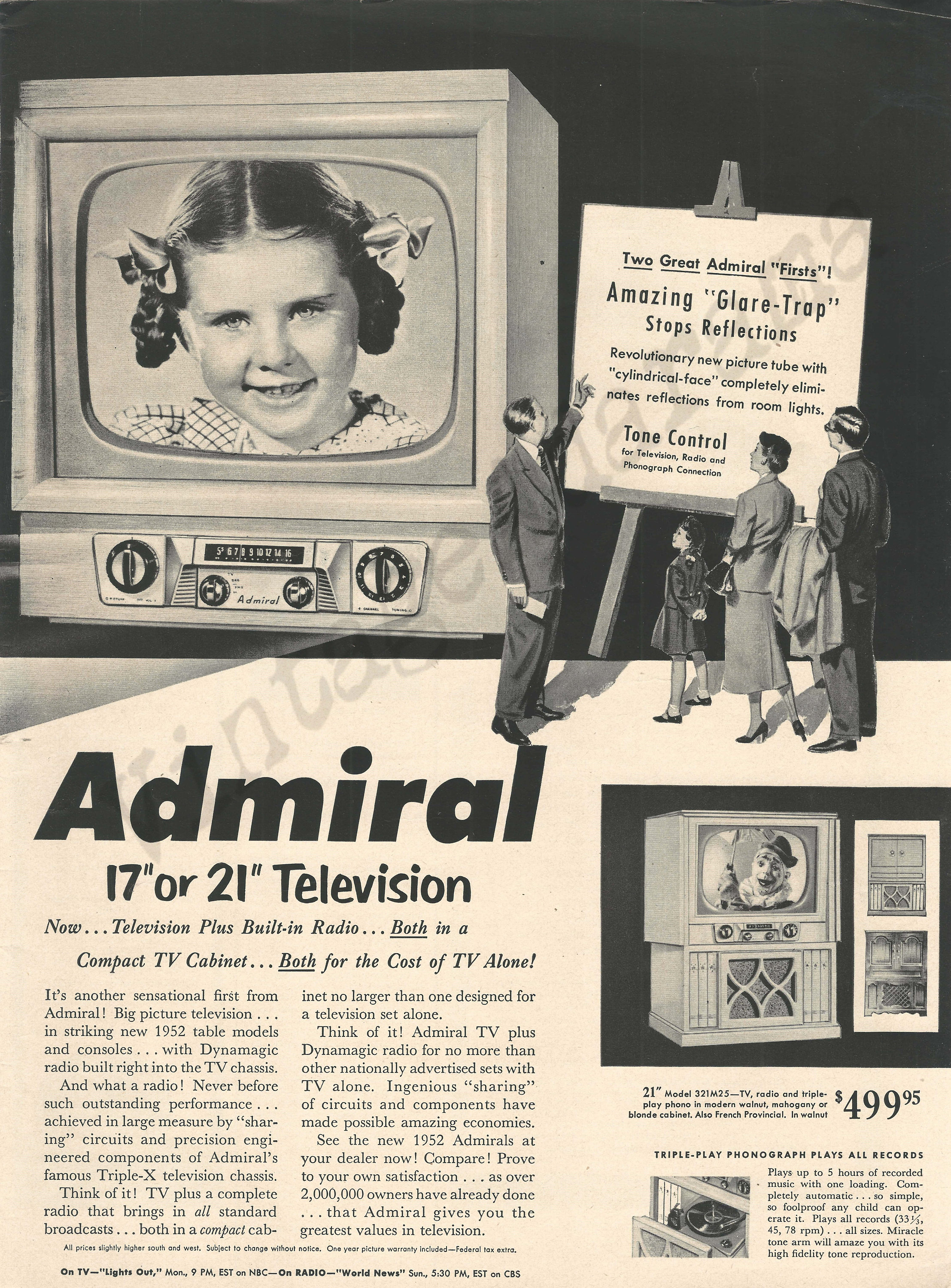 ADMIRAL TV Original 1952 Vintage Extra Large Black & White Print ...
