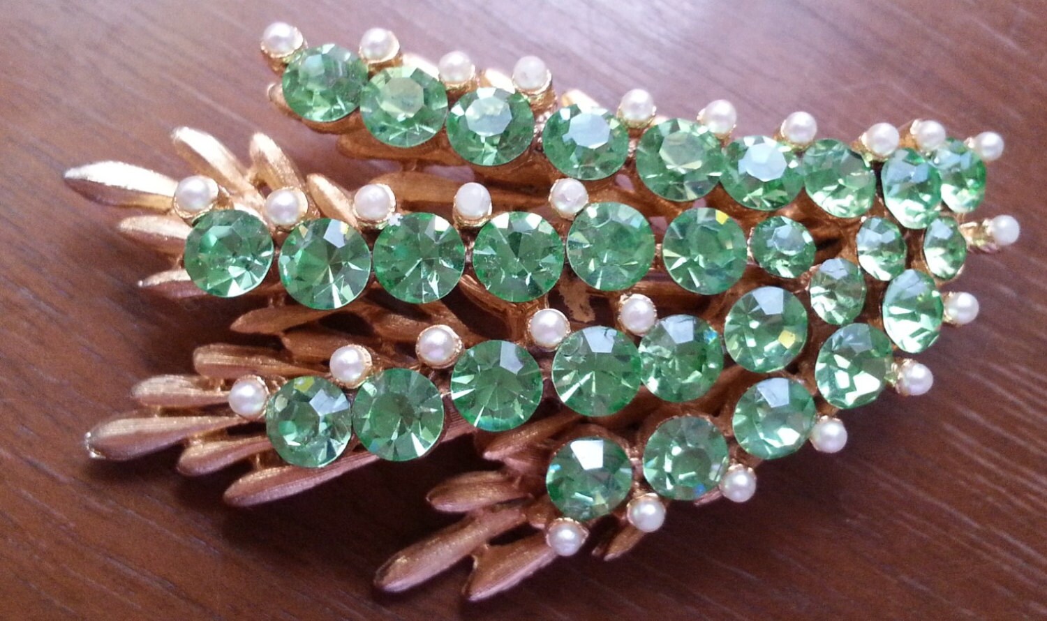 Brooch Stunning With Shiny Green Rhinestones and Pearls on a - Etsy