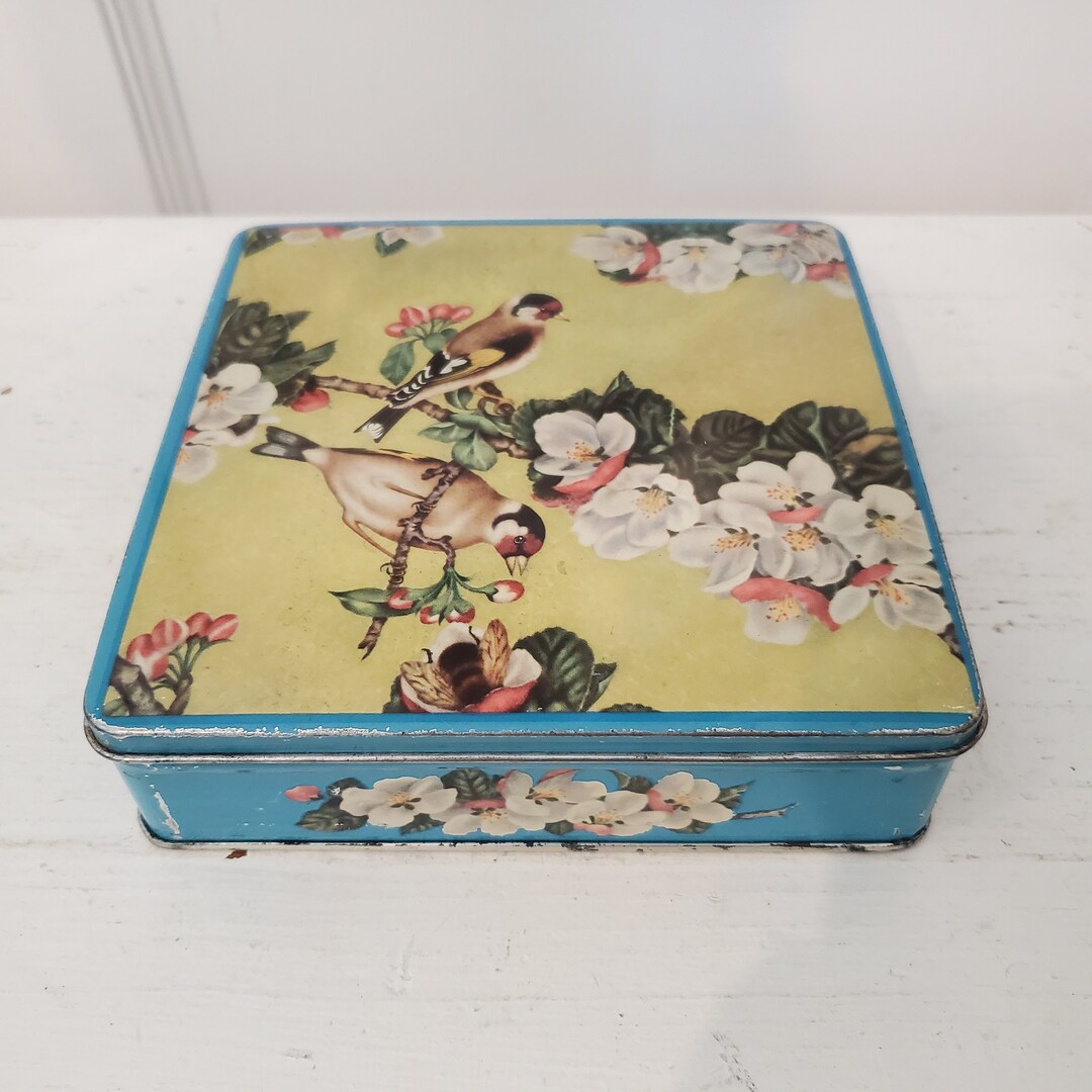 Floral Antique Tin Palmer Huntley Colorful Birds and Blooms Yellow Teal ...