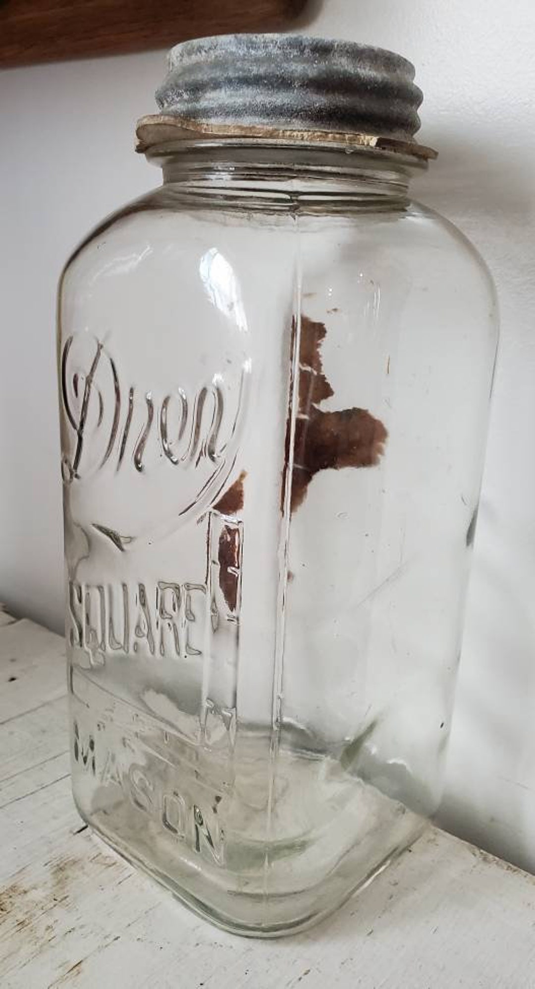 Drey Square Embossed Mason Large Jar Rare Antique USA Bold Detail Early ...