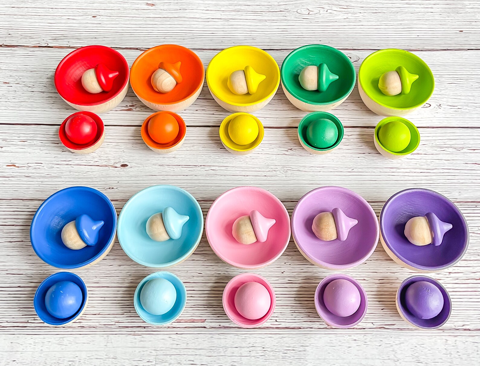 Set of 10 Rainbow Wooden Acorns, Wooden Acorns, Sensory Bin Acorns ...