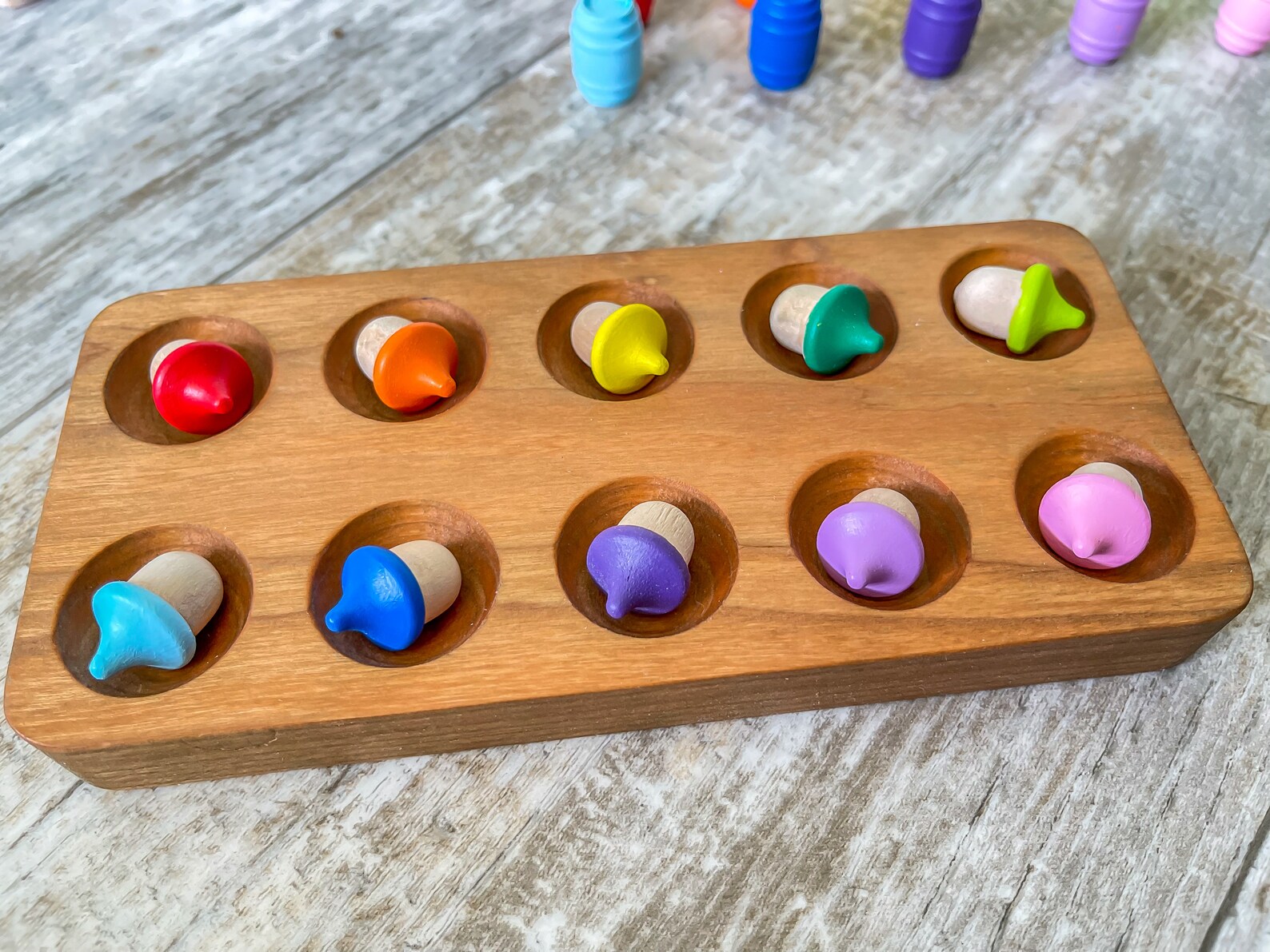 Set of 10 Rainbow Wooden Acorns, Wooden Acorns, Sensory Bin Acorns ...