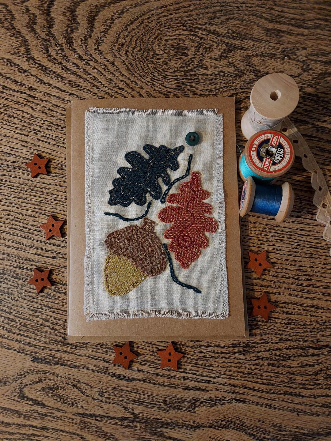 Handmade Embroidered Acorn Card, Oak Leaves Art Card - Etsy