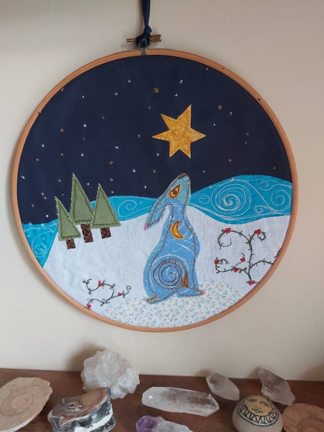 Winter Solstice Hare Hoop Art, Machine Embroidered Textile - Etsy