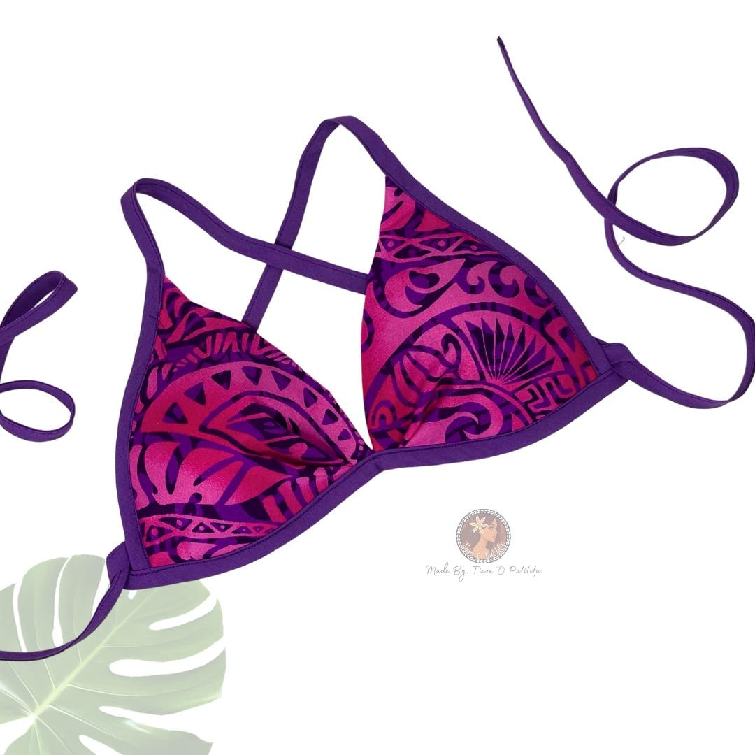 Pink & Purple Tahitian Tribal Motif Print Cross Back Bra Top – Ori ...