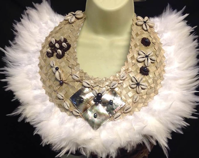 Feather Necklace. Tahitian & Cook Islands Neck Piece. Weaved Lauhala ...