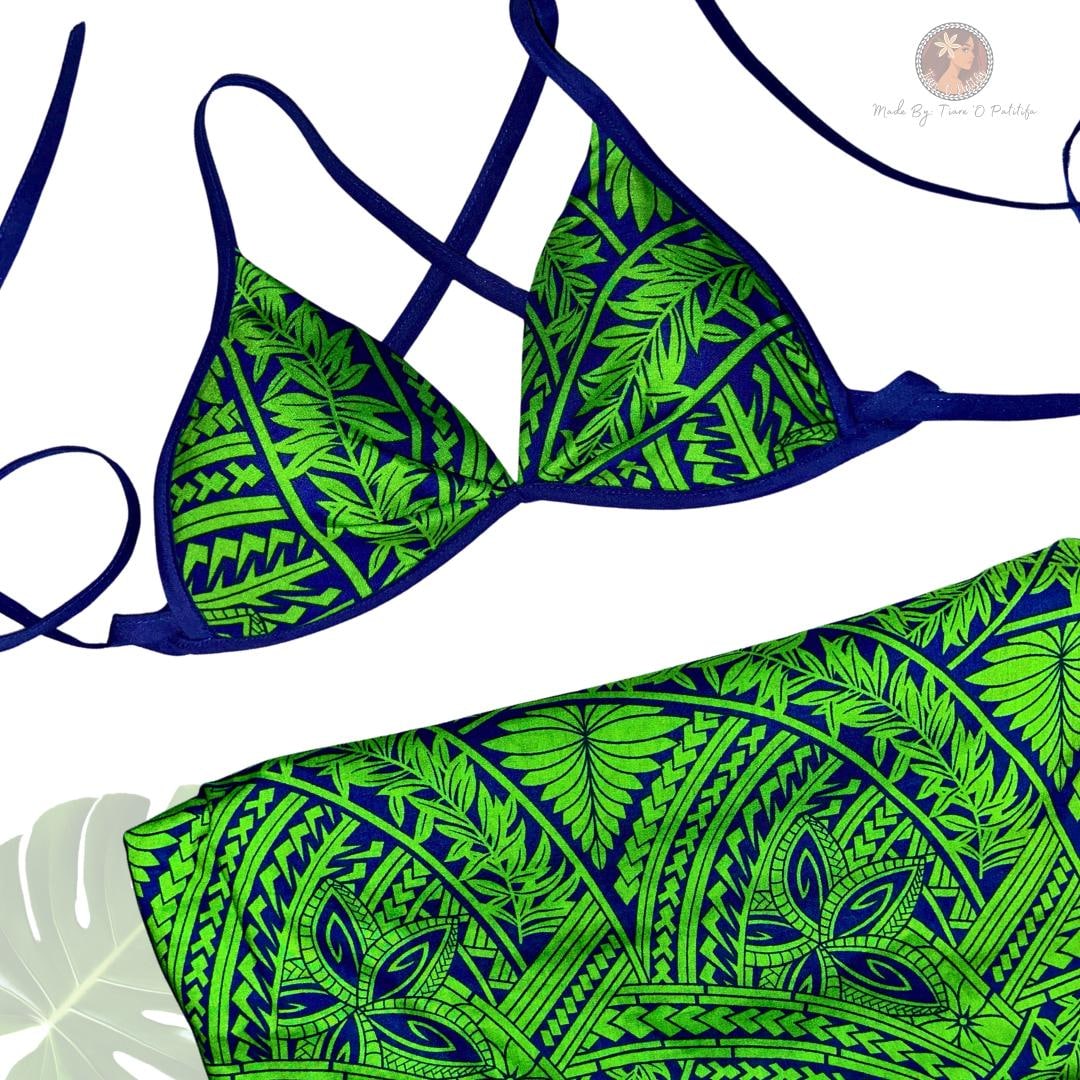 Green & Blue Tahitian Tribal Motif Print RAYON SET Pareu With Matching ...
