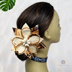 Polynesian Tapa Cloth Flower Hair Clip With Shells & Coconut Sennit – Tahitian Tongan Cultural ...