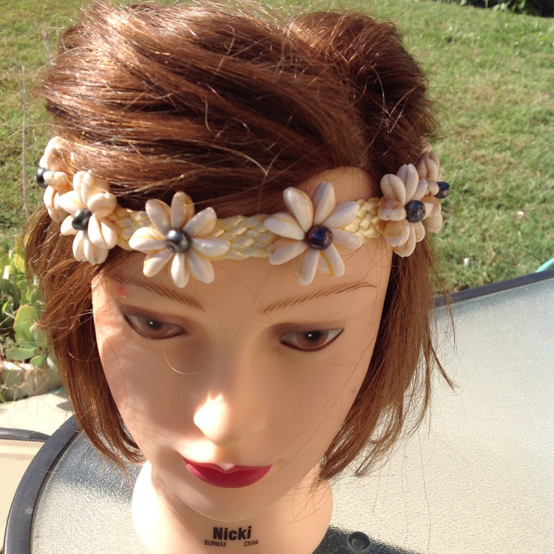 Polynesian Style Cowrie Shell and Black Fresh Water Pearls Headband ...