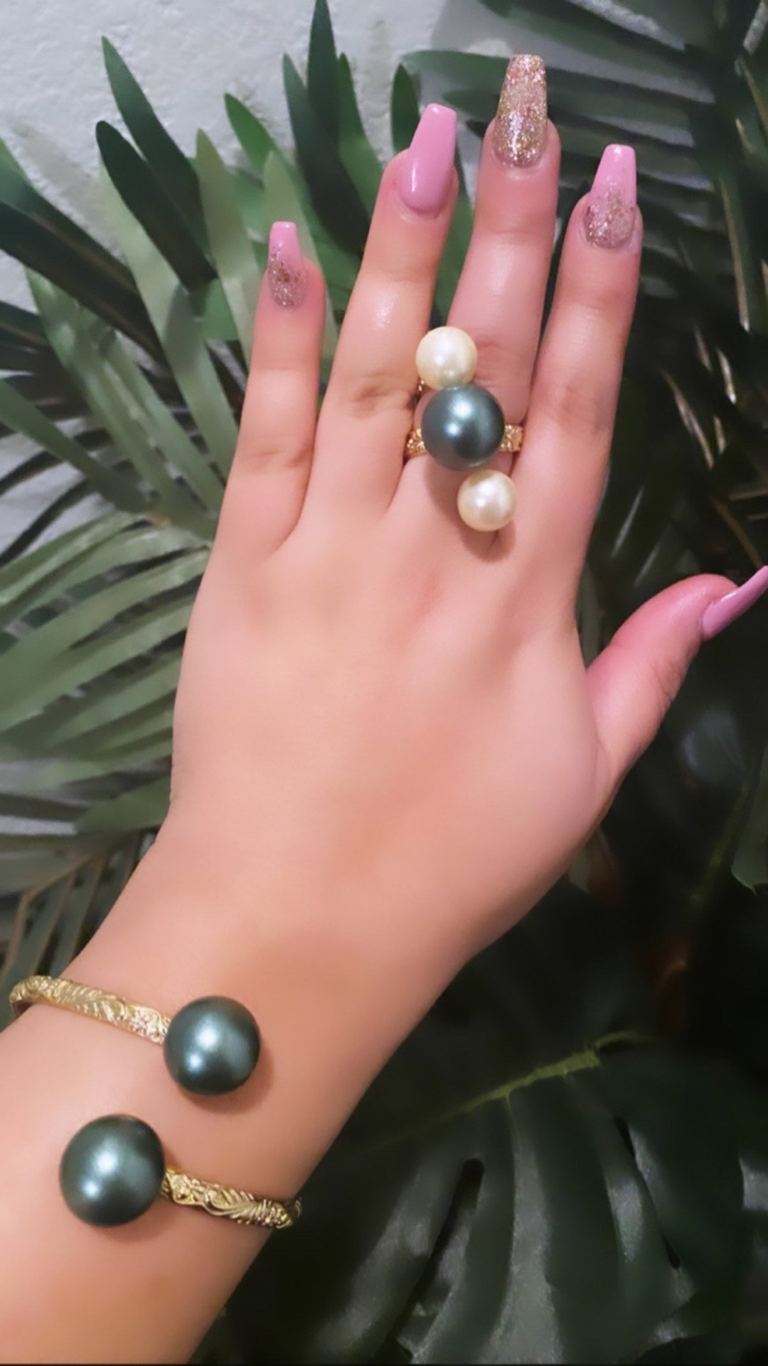 14kgf Hawaiian Heirloom Bracelet and Ring Set Adorned With Sea Green ...