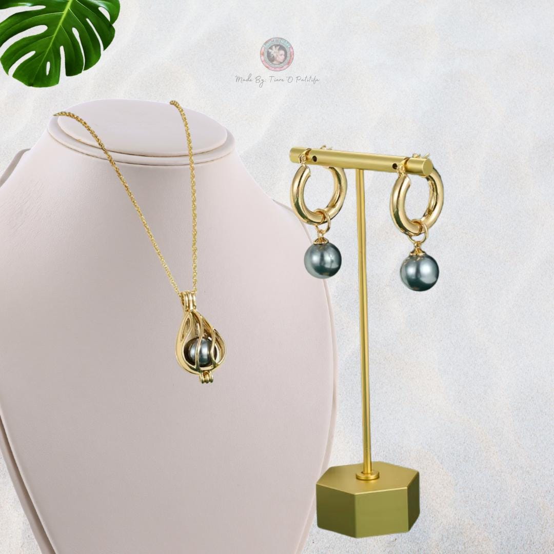 Tahora 18K Gold Plated Polynesian Shell Pearl Jewelry Set - Stainless ...