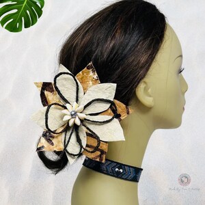 Polynesian Tapa Cloth Flower Hair Clip With Shells & Coconut Sennit – Tahitian Tongan Cultural ...