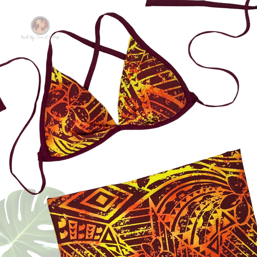 Red & Yellow Tahitian Tribal Motif Print SET Pareu With Matching Cross ...