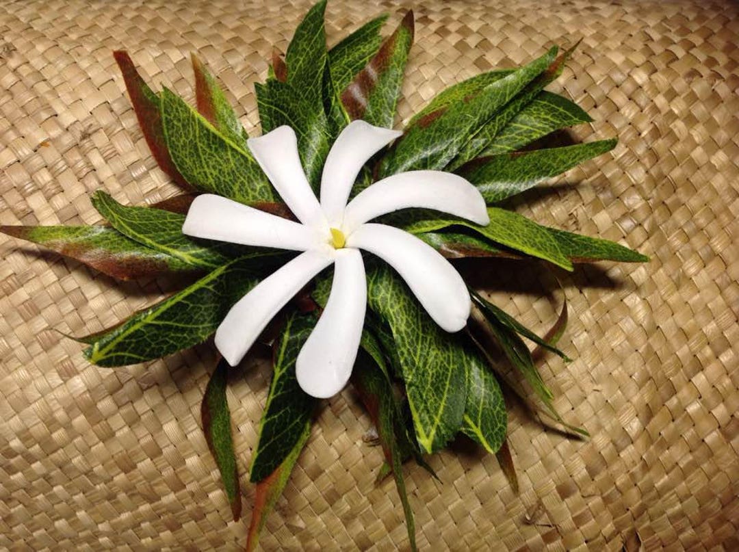 Silk Leaf With Tiare Flower Clip. Tropical Hair Style Clip, for Wedding ...