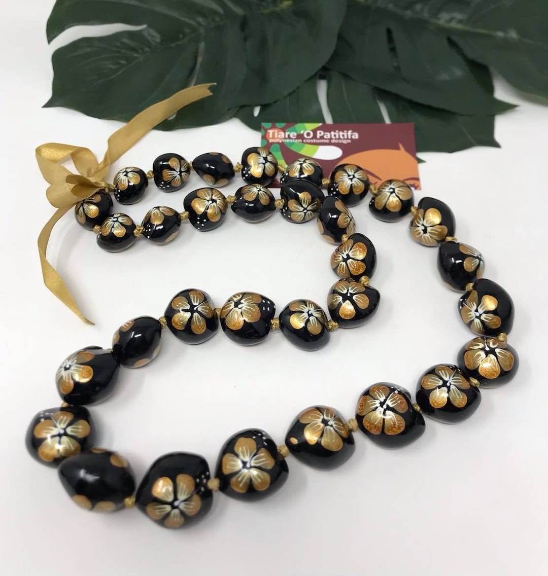 Hawaiian Kukui Nut Shell Lei or Necklace With Hand-painted Gold ...