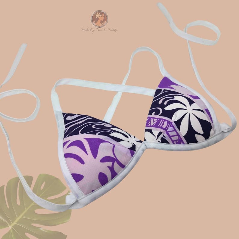 Purple & White Tahitian Tribal Motif Print Cross Back Bra Top – Ori ...