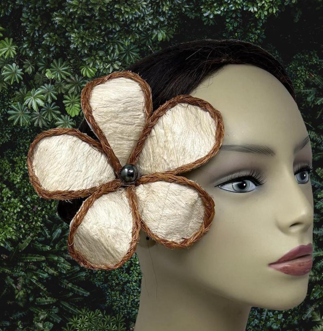 Authentic Tapa Cloth, Coconut Fiber Sennit Hair Flower Clip. Polynesian Style Hair Flower ...