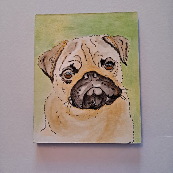 Brindle Pug Portrait Original Watercolor Mounted 8 X 10 Free - Etsy
