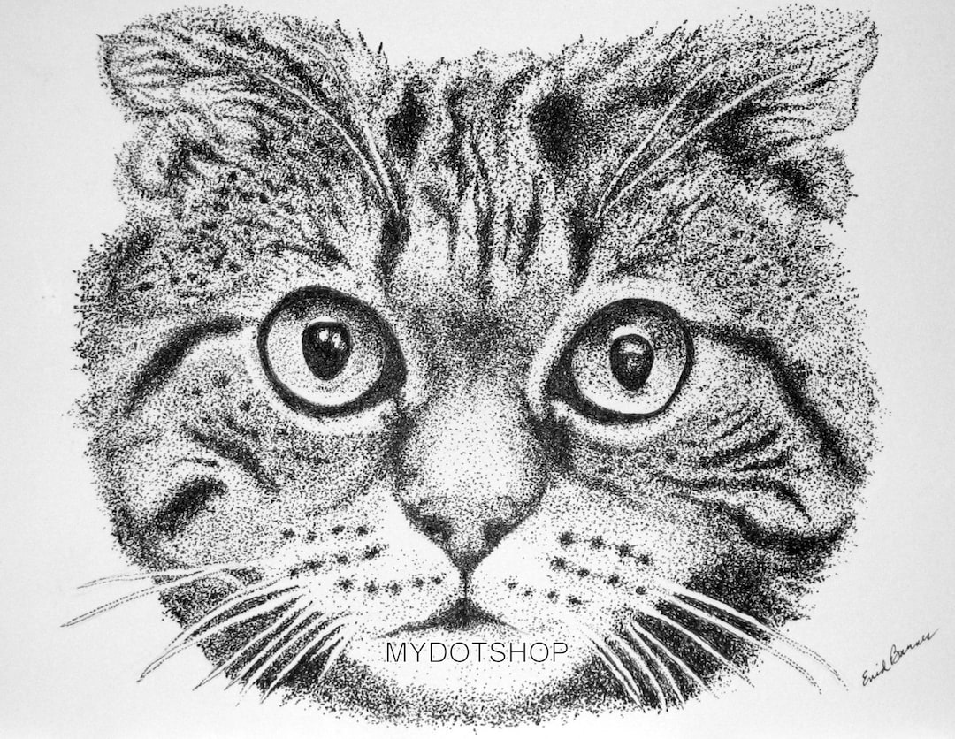 Original CAT Pointillism Pen and Ink Drawing - Free Shipping - Etsy