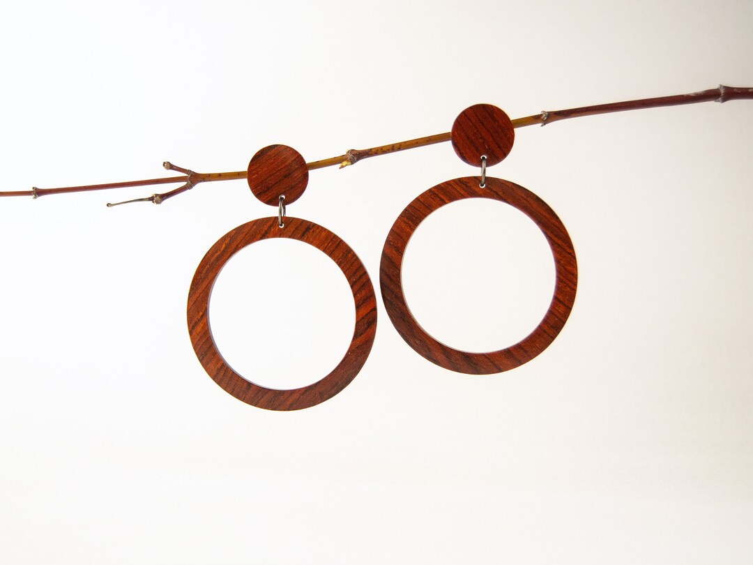 Cocobolo Wood Hoop Earrings Big Hoops Boho Earrings Post Dangles