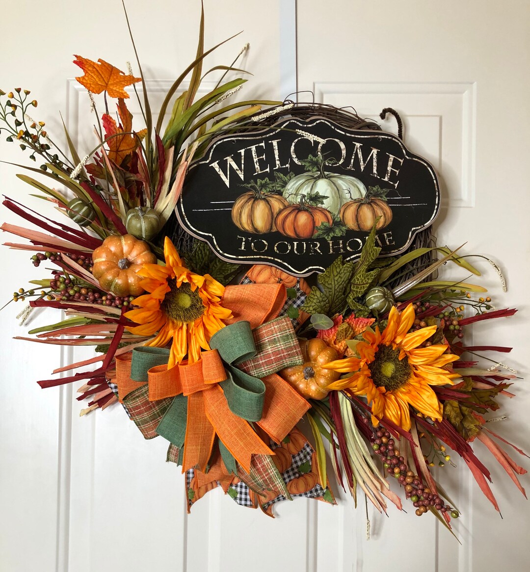 Welcome Fall Wreath for Your Front Door. Orange, Yellow and Green. Fall ...