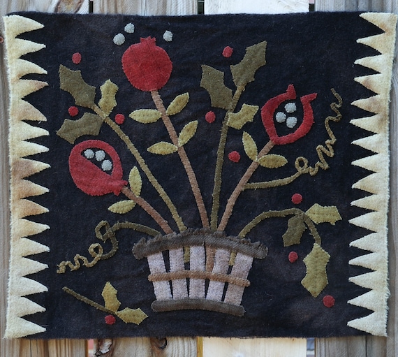 Primitive Wool Applique pomegranates and Holly - Etsy