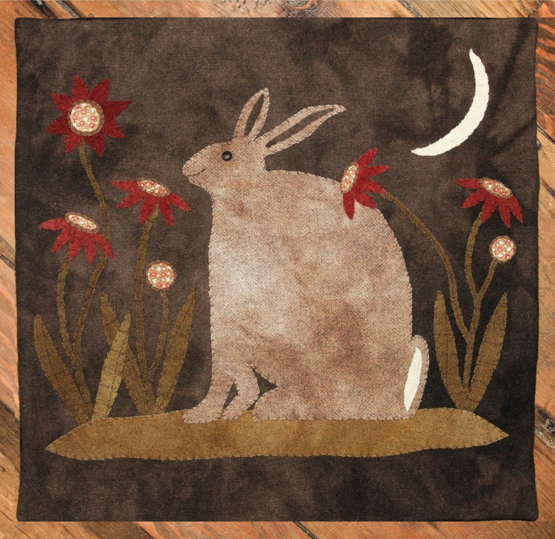Wool Applique Pattern Primitive Hare in the Wildflowers by Kay - Etsy
