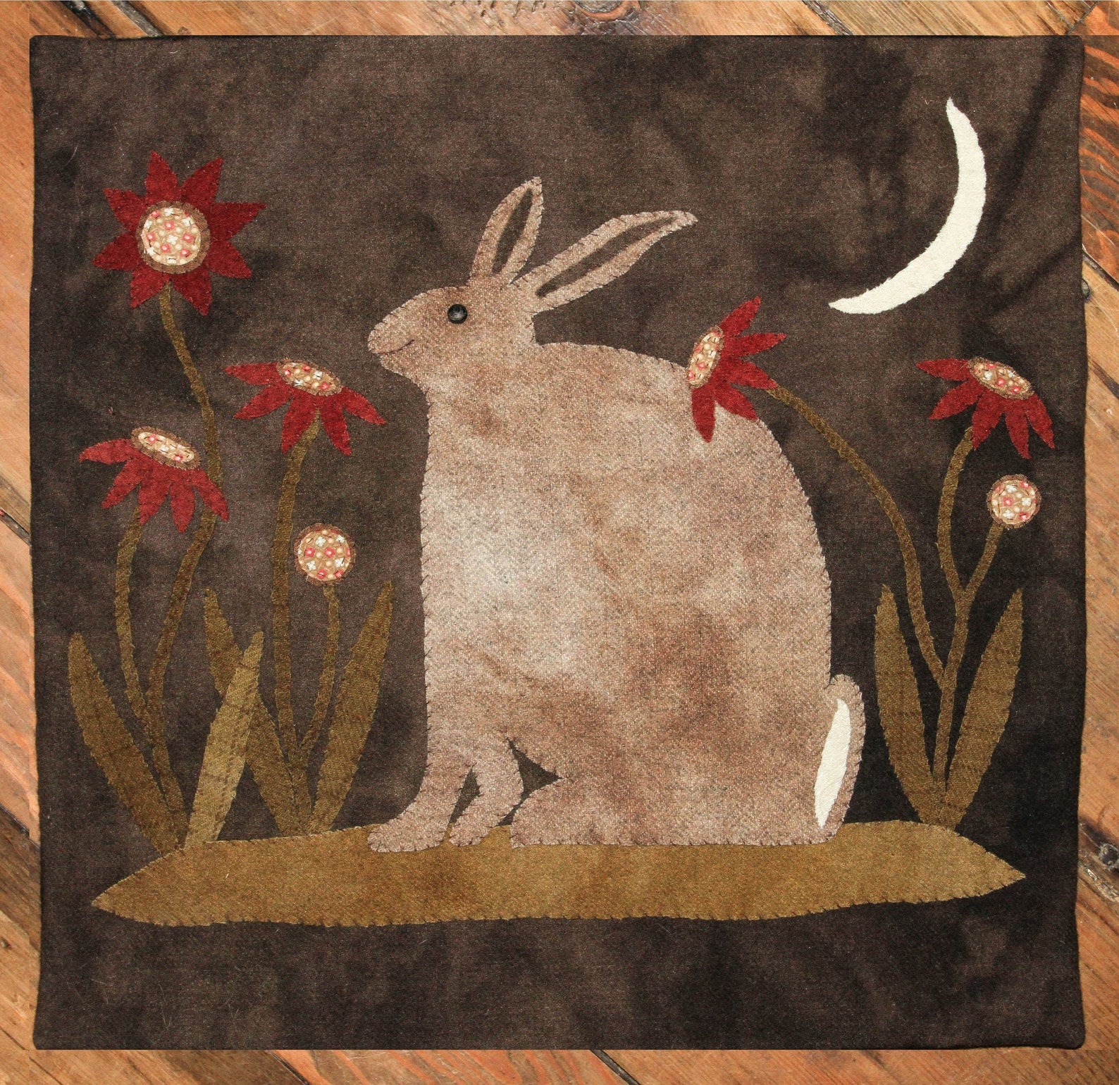 Wool Applique Pattern Primitive Hare in the Wildflowers by Kay - Etsy