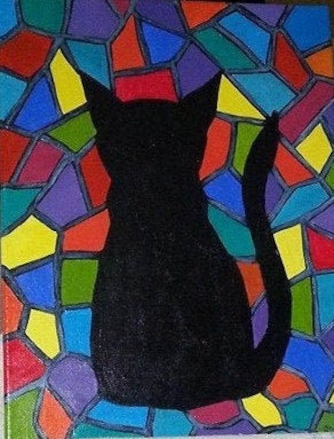 Black Cat Art! Original Acrylic Painting, Mosaic Style Background ...