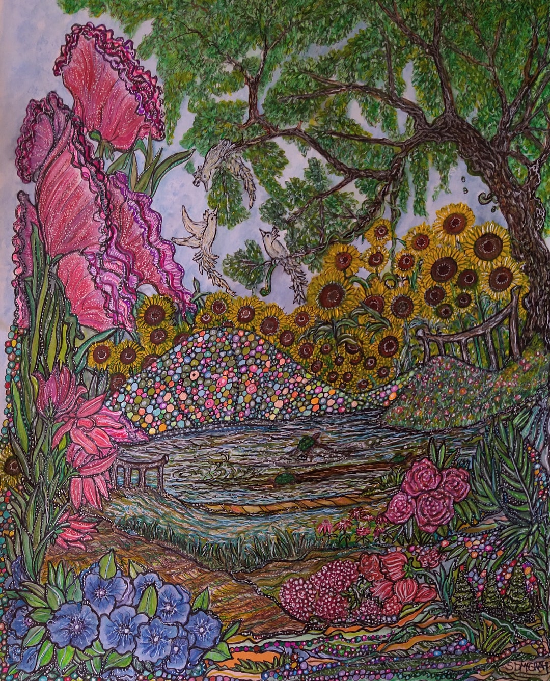 Fantasy Landscape, Flowers, Birds, Trees, Fine Art Drawing, "secret ...