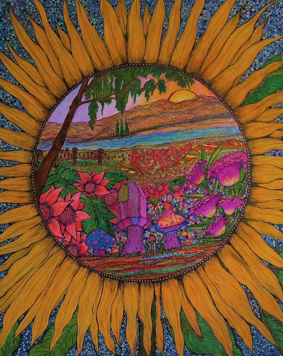 Fantasy Flower Landscape-original Painted Drawing, "sunny Daze", Matted ...