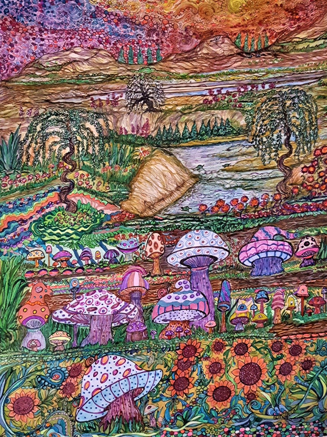 Whimsical Fantasy Landscape Ink Drawing: Original Art (11x14" Matted to ...