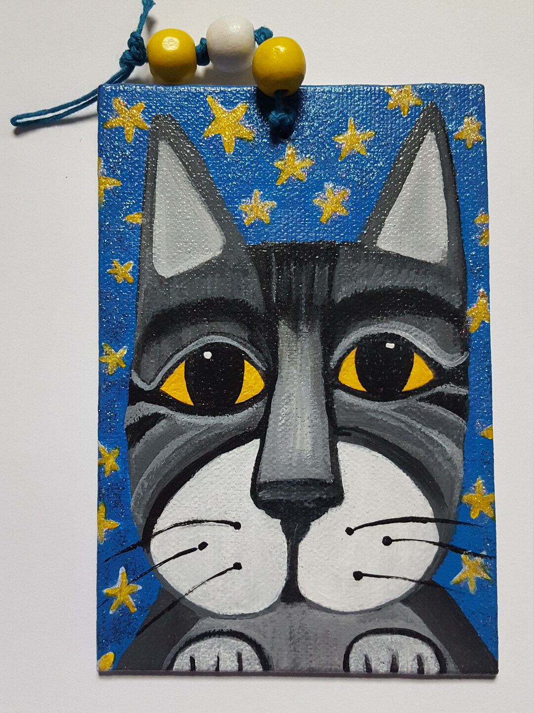 Hand-painted Cartoon Cat Portrait, Acrylic on Canvas Board, Beaded ...