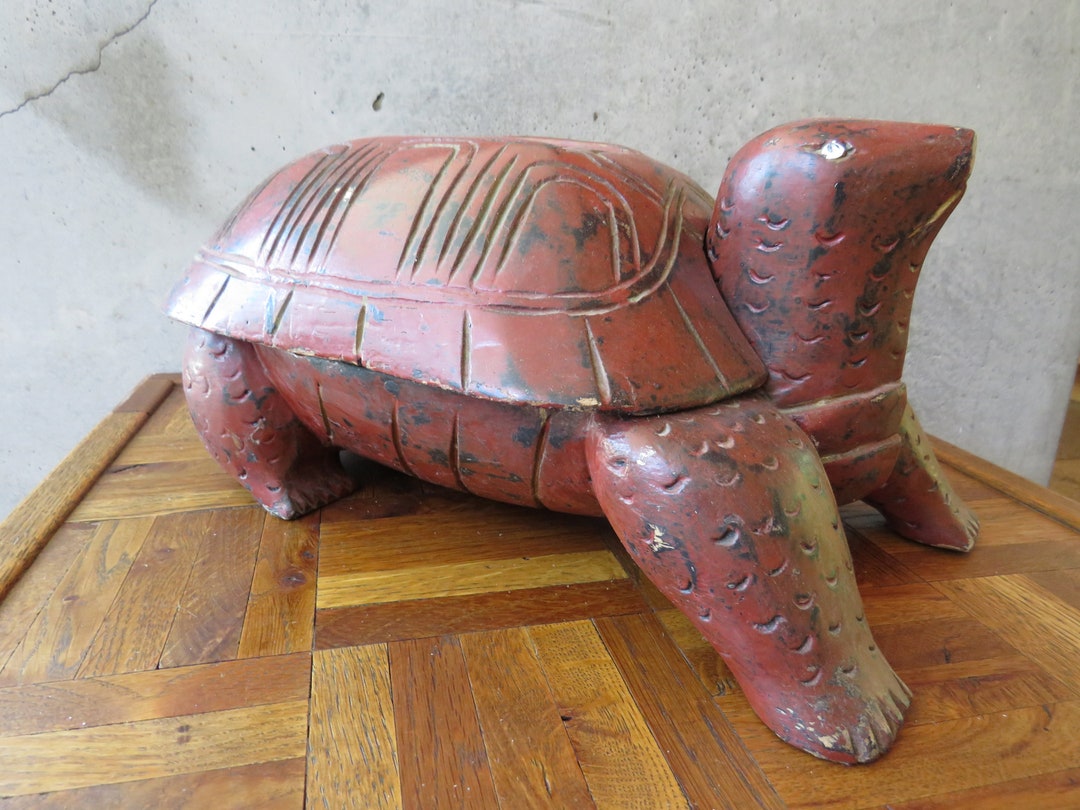 Vintage Wood Carved Lidded Turtle Box Vessel Wood Carving Removeable ...