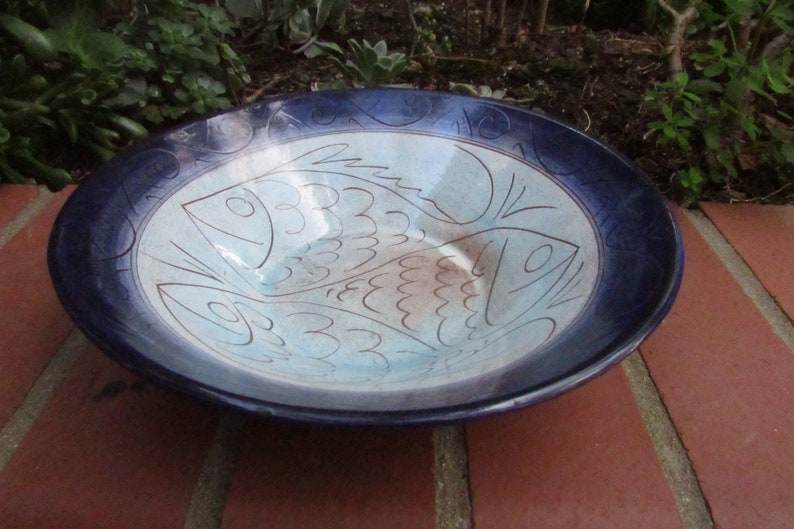 Studio Pottery Ceramic Fish Bowl 3 Fish Blue Glaze Fruit Bowl ...