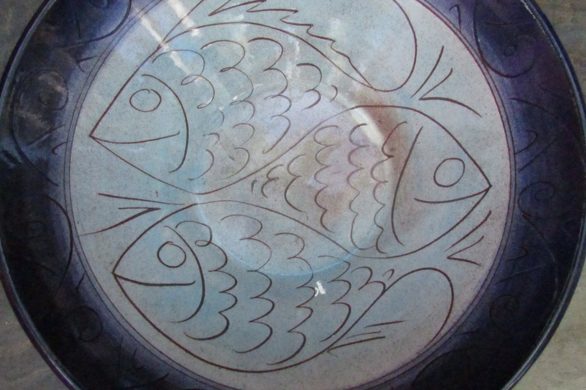 Studio Pottery Ceramic Fish Bowl 3 Fish Blue Glaze Fruit Bowl ...