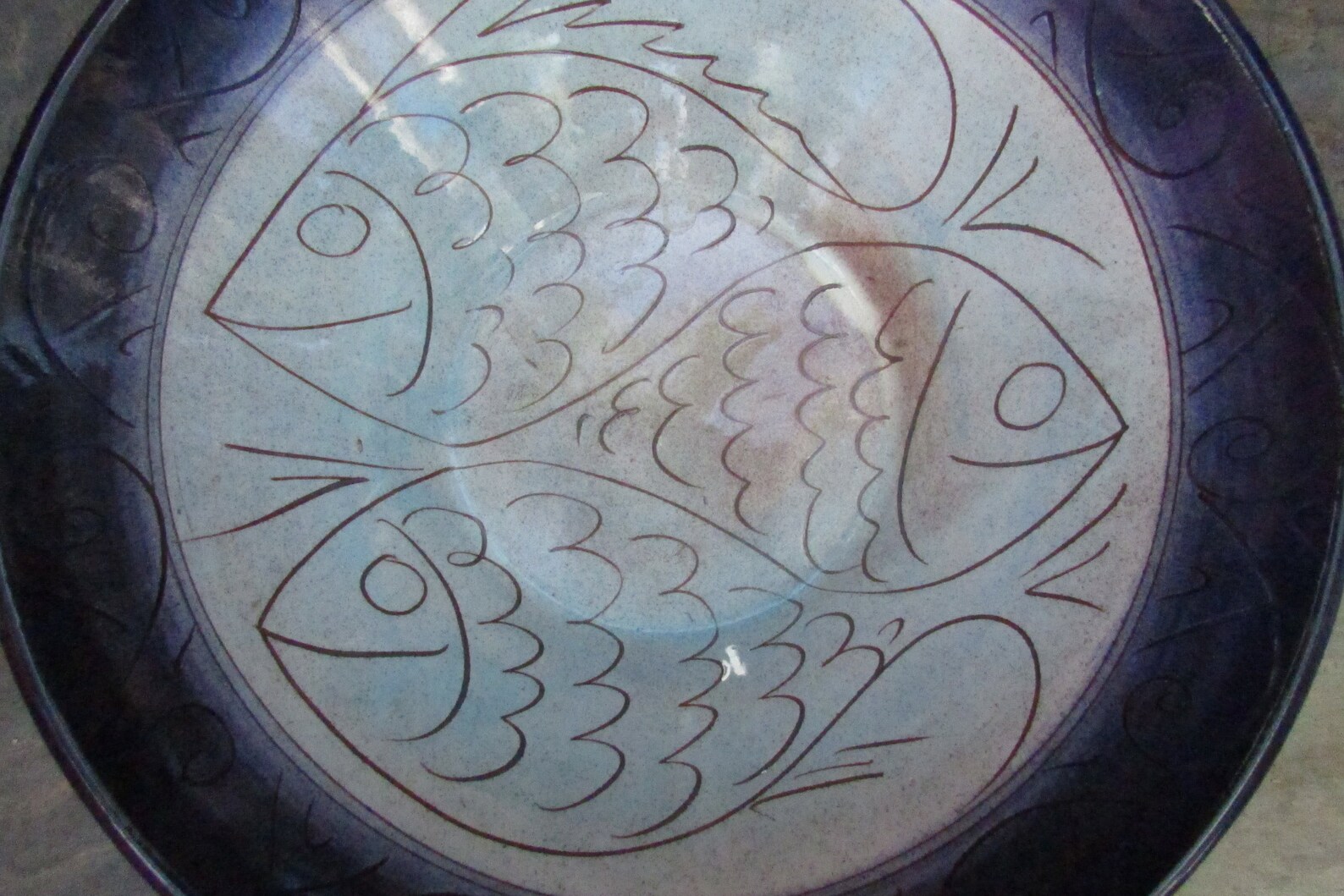 Studio Pottery Ceramic Fish Bowl 3 Fish Blue Glaze Fruit Bowl ...