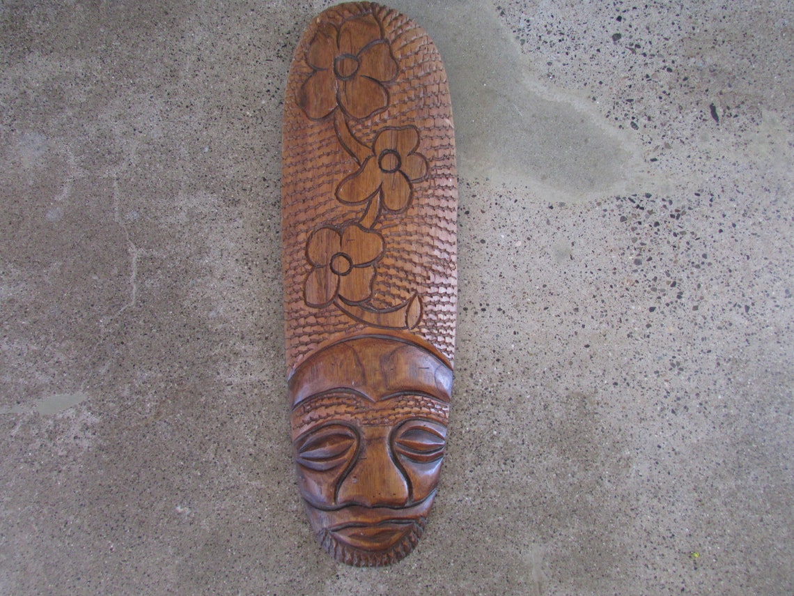 Vintage Wood Tiki Mask Home Decor Carved Man With Flowers in His Hair ...