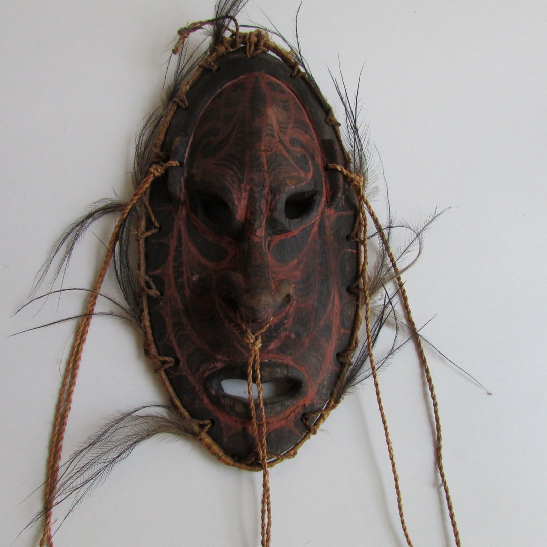 Carved Wooden Mask Oceana Feathers Raffia Cane Ethnographic Art - Etsy