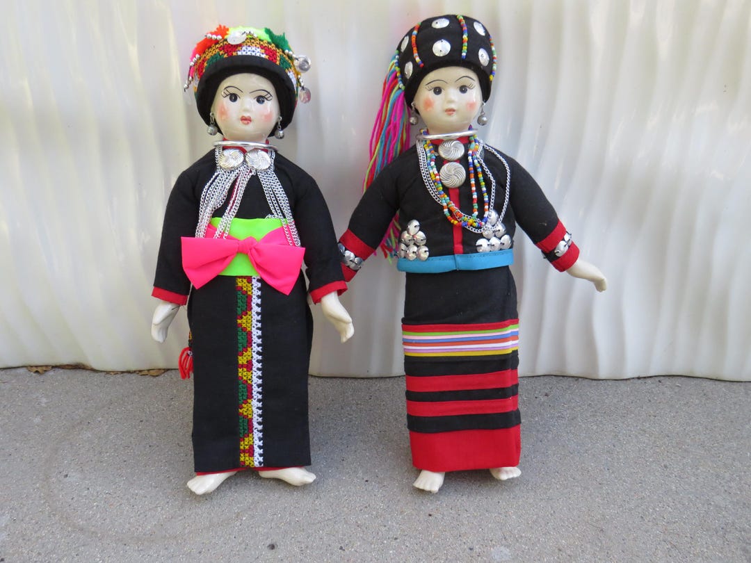 Set of 2 Thai Dolls Meo Mong Dolls Porcelain Head Hands and Feet Cloth ...