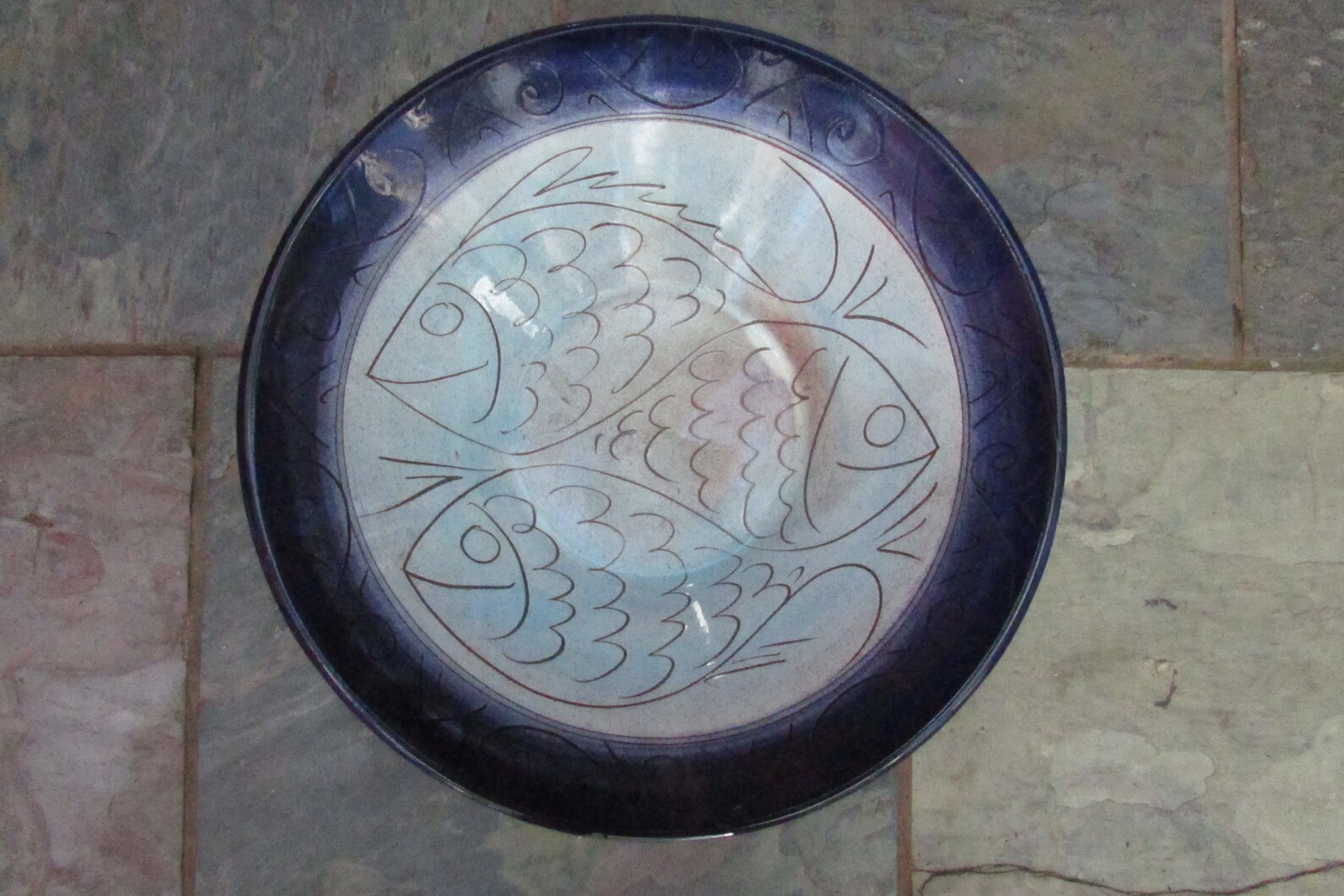 Studio Pottery Ceramic Fish Bowl 3 Fish Blue Glaze Fruit Bowl ...